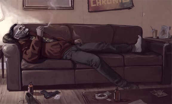 Little Jacob smokes a joint on his sofa.